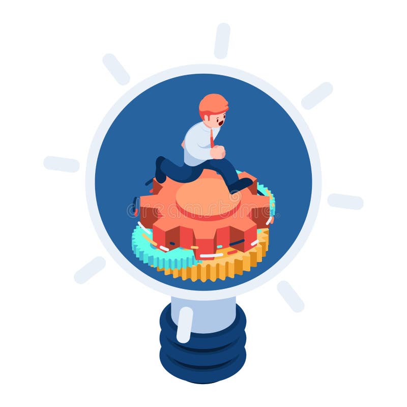 Isometric Businessman Working Hard Inside Light Bulb Stock Vector ...