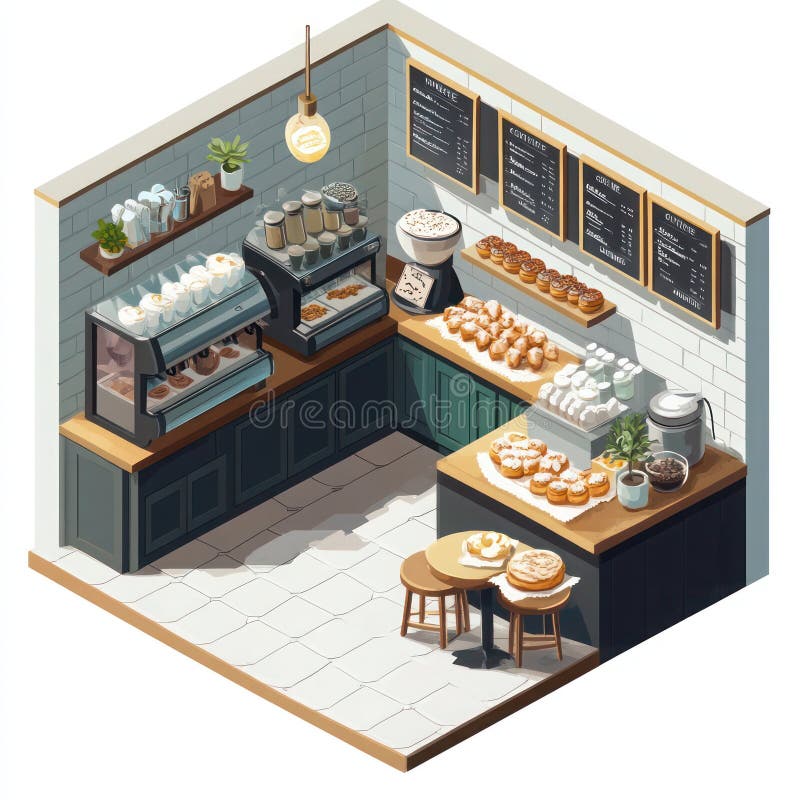 Isometric Café Corner with Pastries, Coffee Machine, and Chalkboard ...