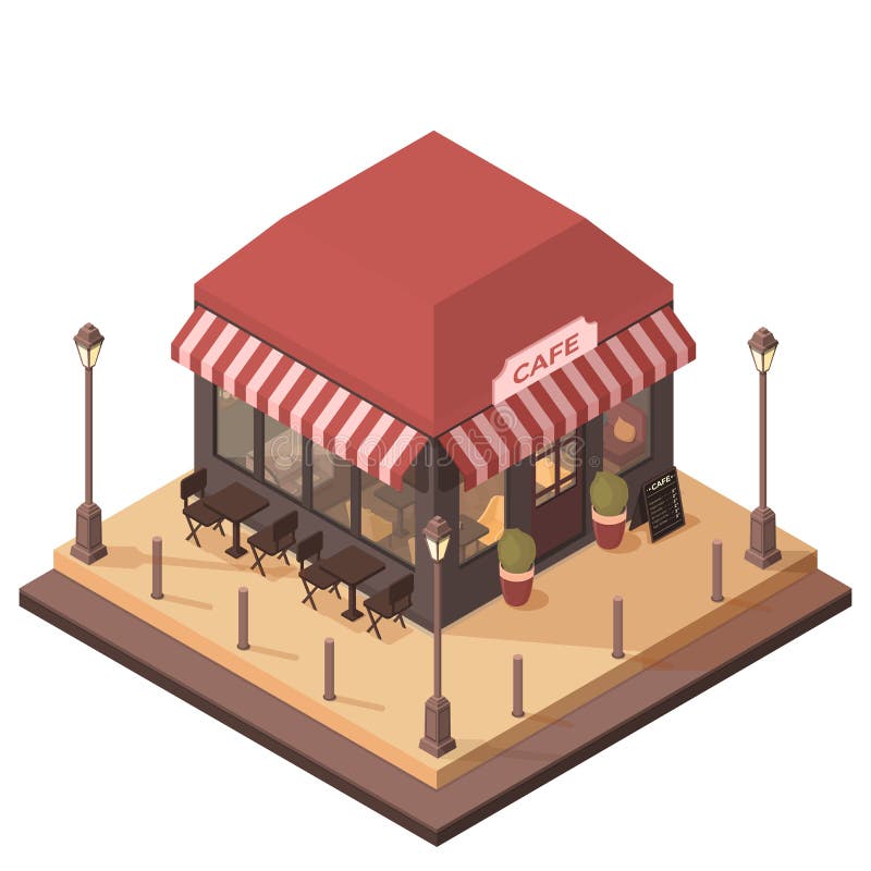 Isometric Cafe Building on the Street with Tables and Interior Stock ...