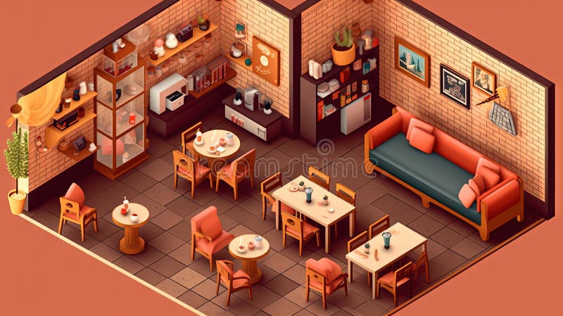 Isometric Cafe Interior with Chairs and Sofa. Cozy Coffeeshop Room ...