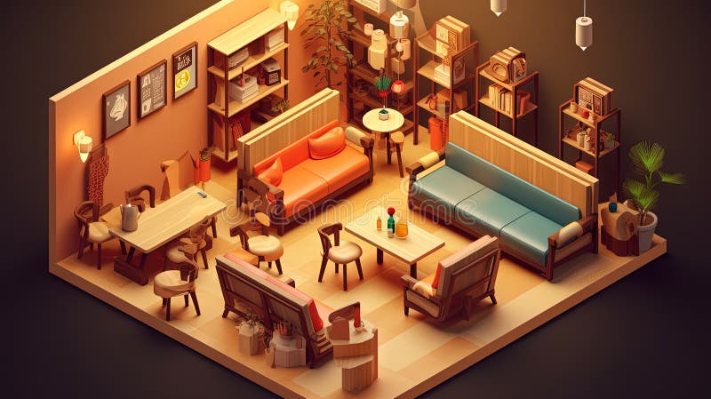 Isometric Cafe Interior with Chairs and Sofa. Cozy Coffeeshop Room ...