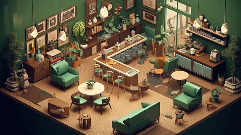 Isometric Cafe Interior with Chairs and Sofa. Cozy Coffeeshop Room ...