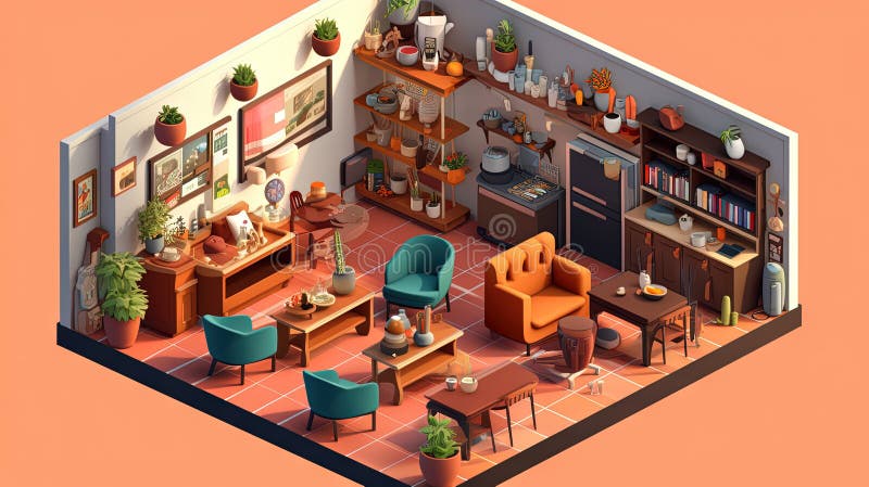 Isometric Cafe Interior with Chairs and Sofa. Cozy Coffeeshop Room ...