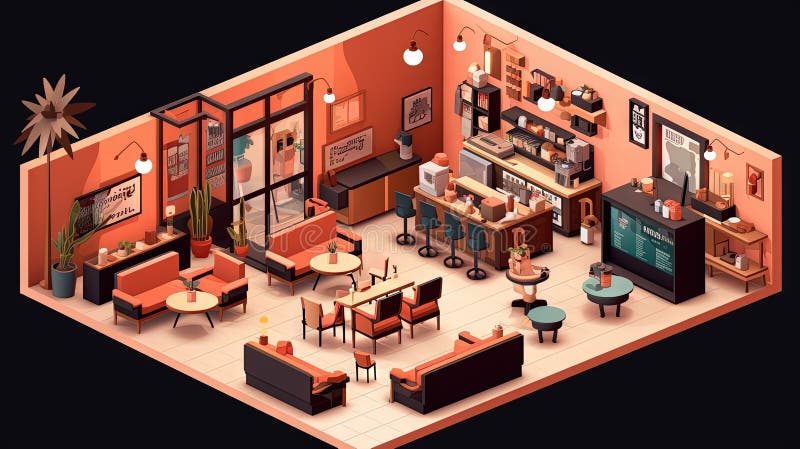 Isometric Cafe Interior with Chairs and Sofa. Cozy Coffeeshop Room ...