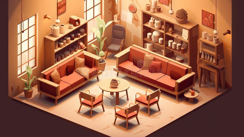 Isometric Cafe Interior with Chairs and Sofa. Cozy Coffeeshop Room ...