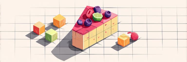 Isometric Cake Slice Adorned with Colorful Fruit Cubes and Shadow ...