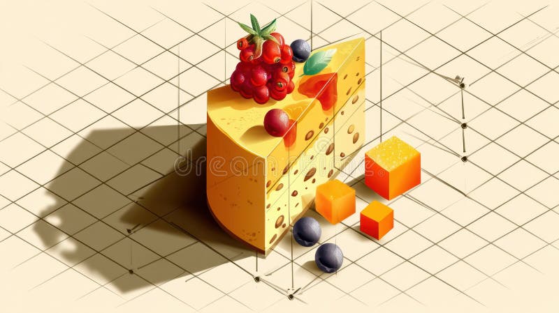Isometric Cake Slice with Vibrant Fruit Cubes and Intricate Shadow Grid ...