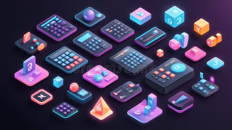 Isometric Calculators and Data Icons Arranged on Dark Background for ...