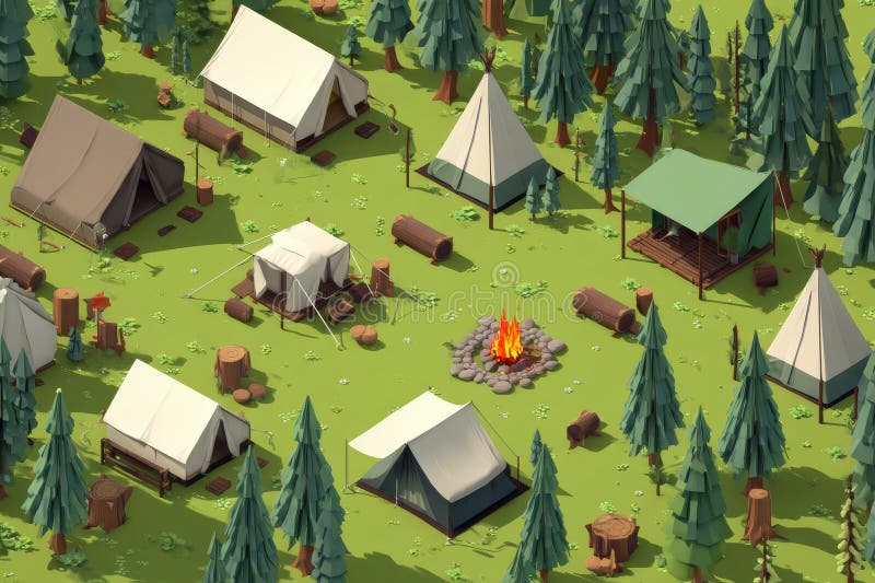 Isometric Camping Site Featuring Tents, Trees, and a Warm Campfire in a ...