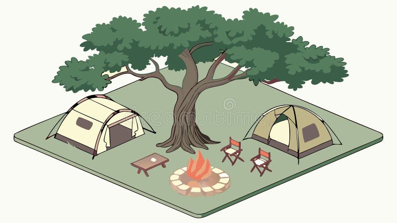 An Isometric Campsite with a Tent and Campfire Under a Large Tree ...