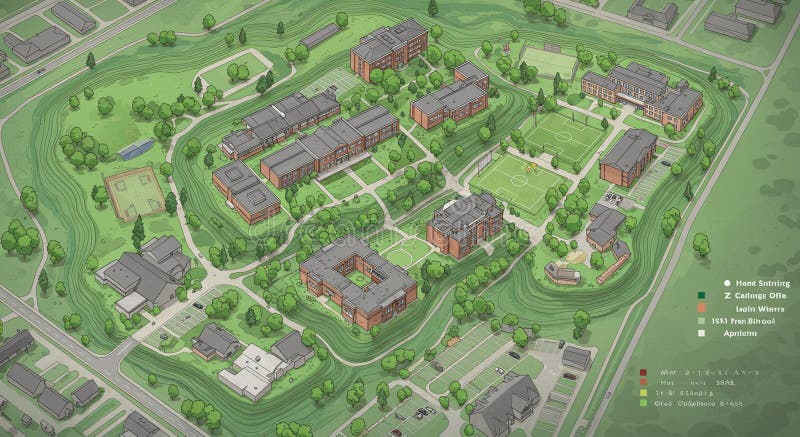 An Isometric Campus Layout Featuring Brick Buildings Surrounded by ...