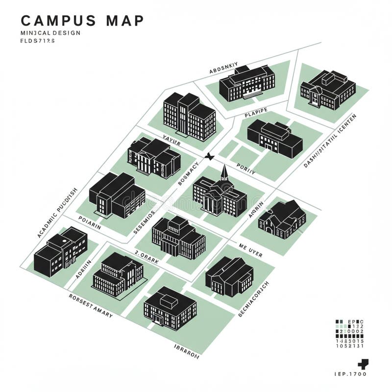 Isometric Campus Map Featuring Multiple Buildings Labeled with ...