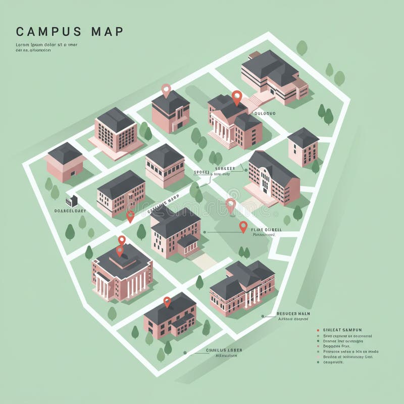 Isometric Campus Map Showcases Several Buildings Arranged Along ...
