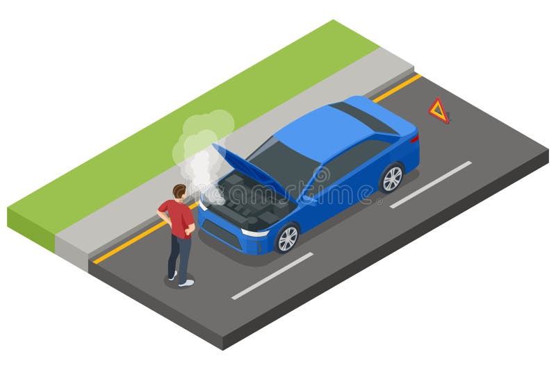 Isometric Car Crash, Car Breakdown. a Blue Car with an Open Hood ...