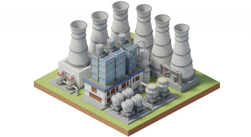 Isometric Carbon Capture Facility with Cooling Towers and Blue Panel ...