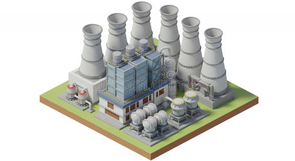 Isometric Carbon Capture Facility with Cooling Towers and Blue Panel ...