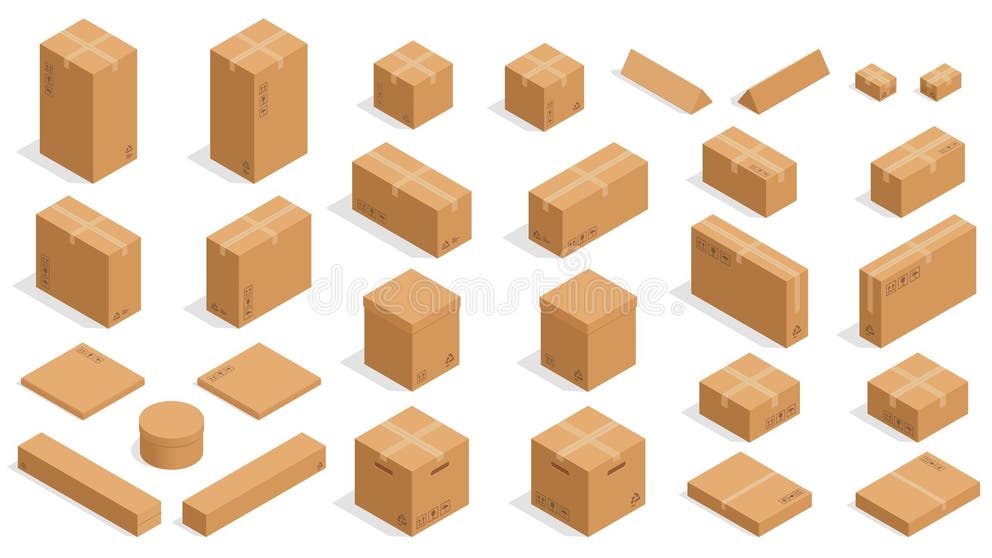 Isometric Cardboard Boxes. Vector Square and Rectangular Packaging ...