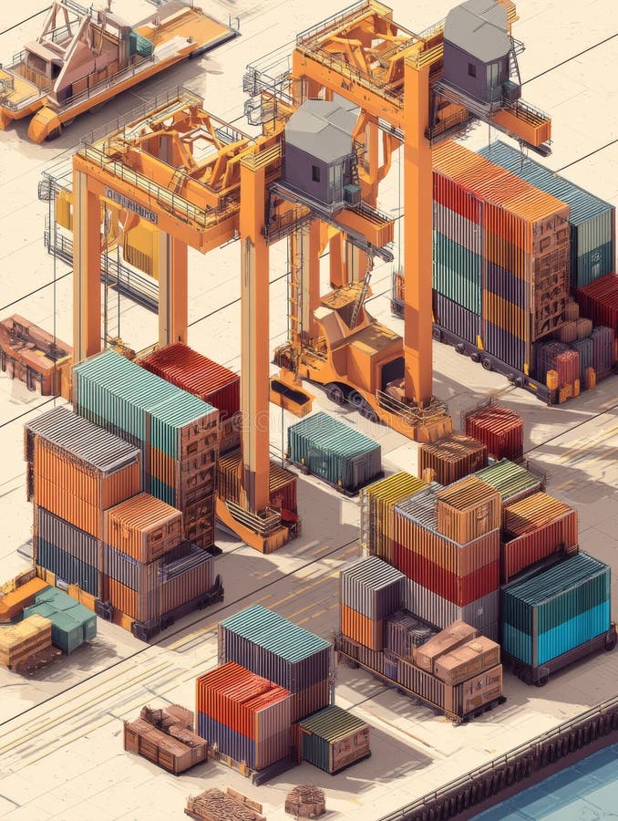 Isometric Cargo Port Featuring Containers, Loading Cranes, and Busy ...