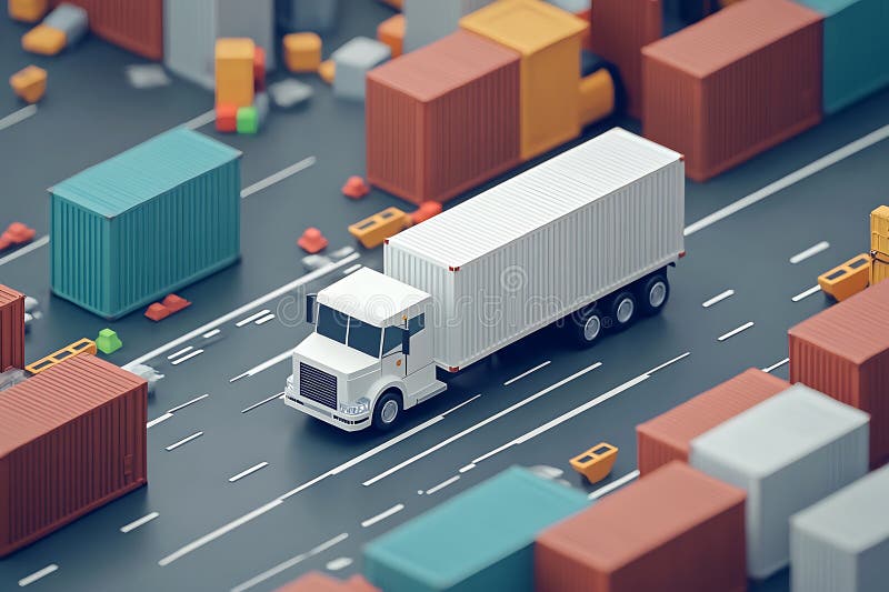Isometric Cargo Truck Transporting Container on Road Surrounded by ...