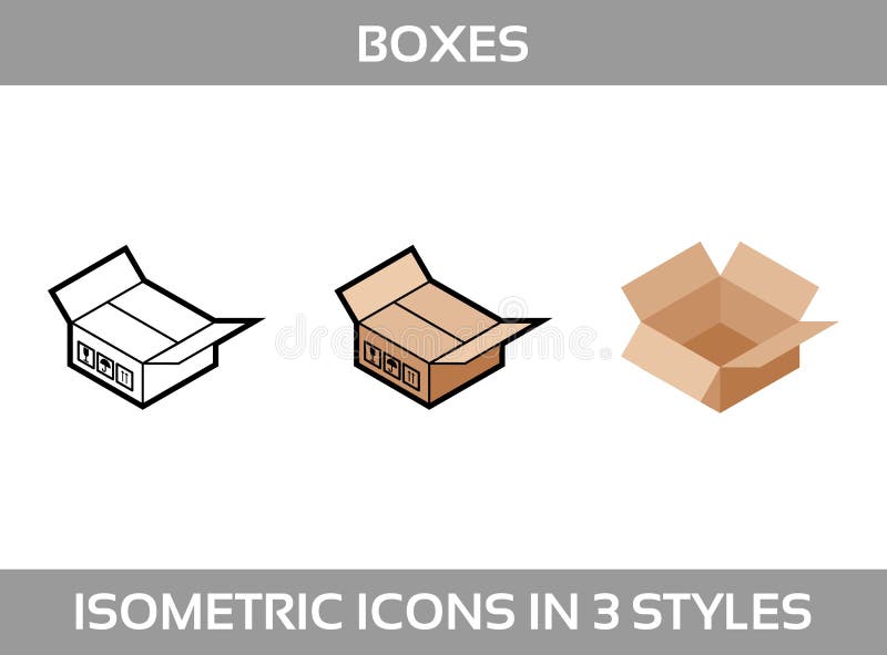 Isometric Carton Packaging Boxes Set in Line Art Style with Postal ...