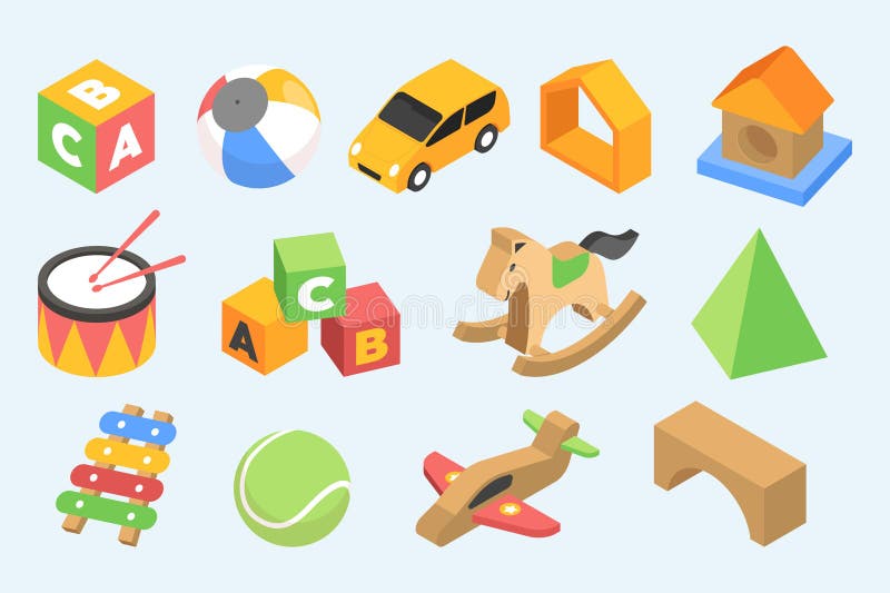 Isometric Cartoon Cute Toys Set Stock Illustration - Illustration of ...