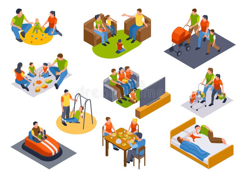 Isometric Cartoon Family Scene Composition Set Stock Illustration ...