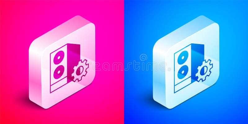 Isometric Case of Computer Setting Icon Isolated on Pink and Blue Background. Computer Server ...