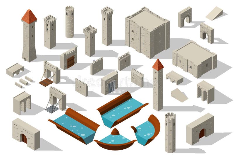 Isometric Castle Tower with Wall Bridge and Moat Stock Vector ...