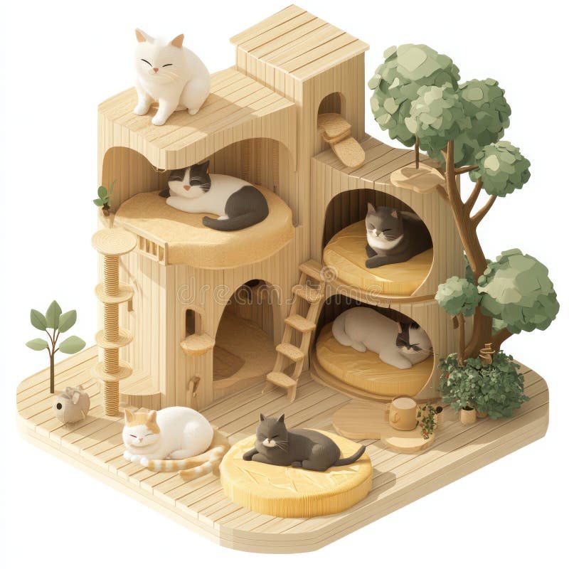 Isometric Cat Cafe Interior with Sleeping Cats, Cushions, and Cat Trees ...