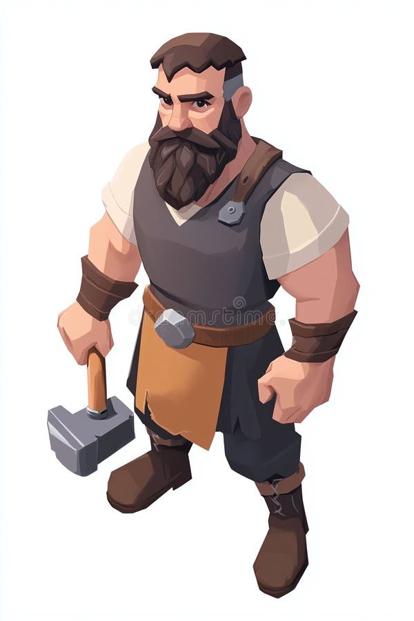 Isometric Character of a Blacksmith Holding a Hammer and Wearing an ...
