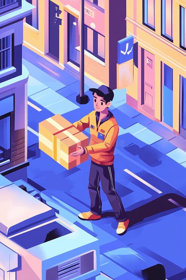 Isometric Character of a Delivery Driver Handing Over a Package. Stock ...