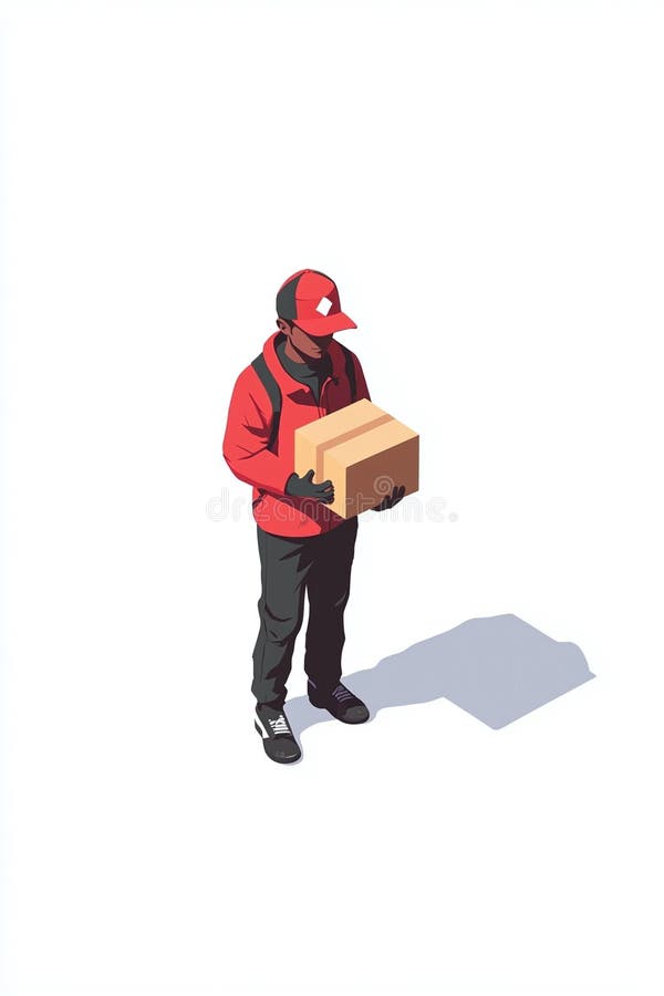 Isometric Character of a Delivery Person Holding a Package. Stock ...