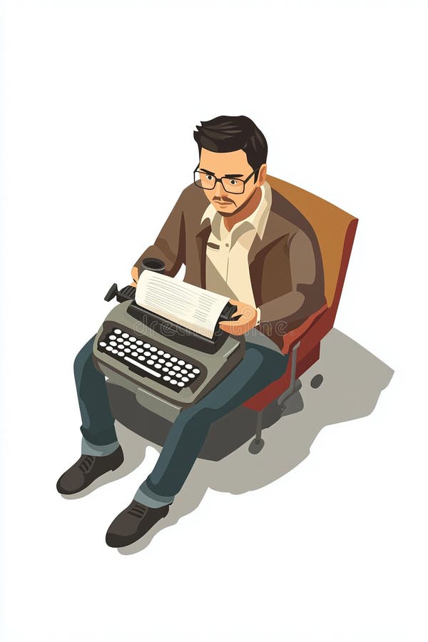 Isometric Character of a Writer with a Typewriter and Coffee Cup. Stock ...
