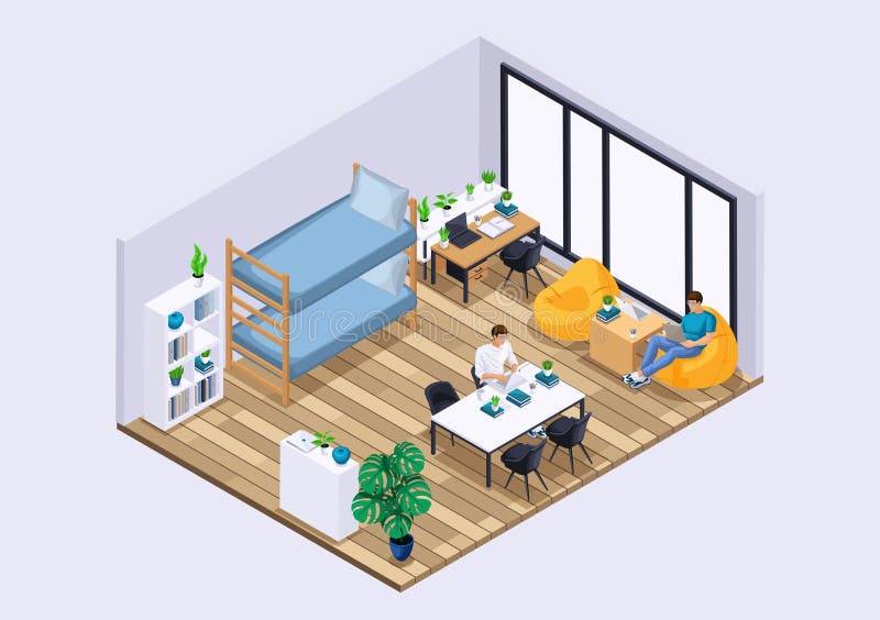 Isometric Characters, Personage. Large Bright Room in a Student ...