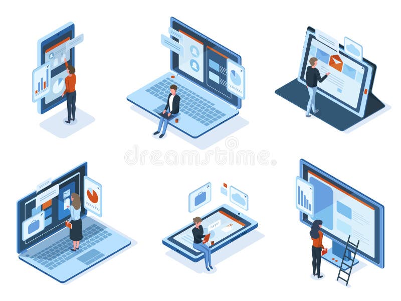 Isometric Characters Use Technology Gadgets Interfaces. People Work or ...