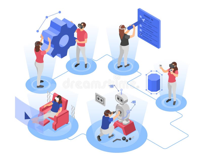 Isometric Characters and Virtual World. People Wear Vr Glasses and ...