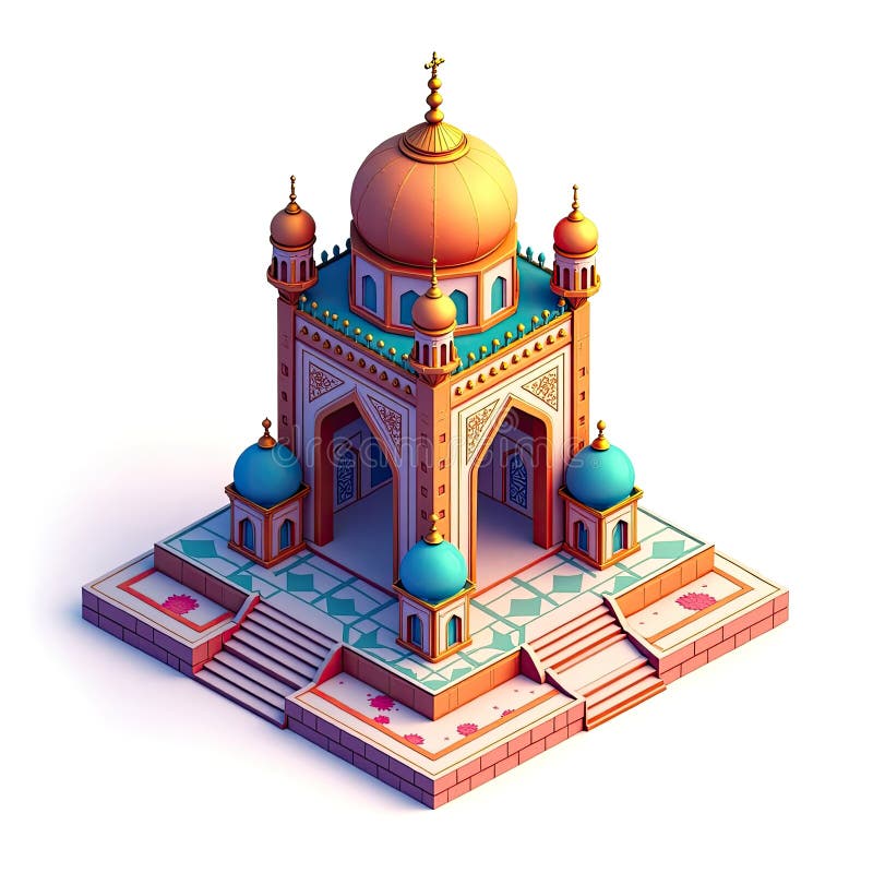 Isometric Charming Pink Cartoon Mosque with Gold Dome Stock ...