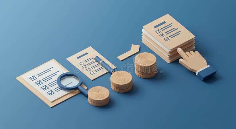 Isometric Checklist Process: Documents, Magnifier, Coins, and Hand ...