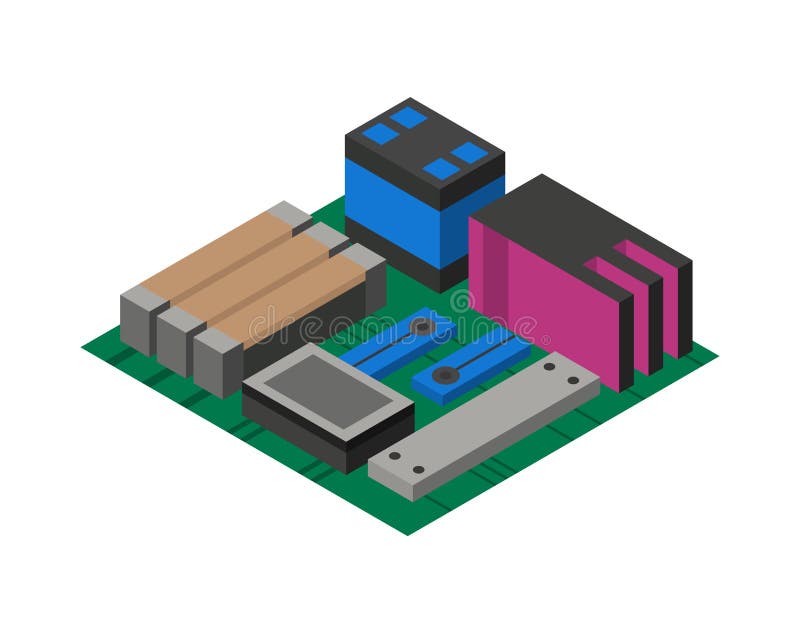 Isometric Circuit Board with Electronic Components. Computer Chip ...