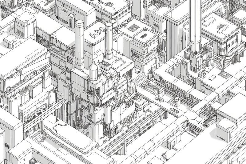 Isometric City Built Entirely with Black Lines, Highlighting Structure ...