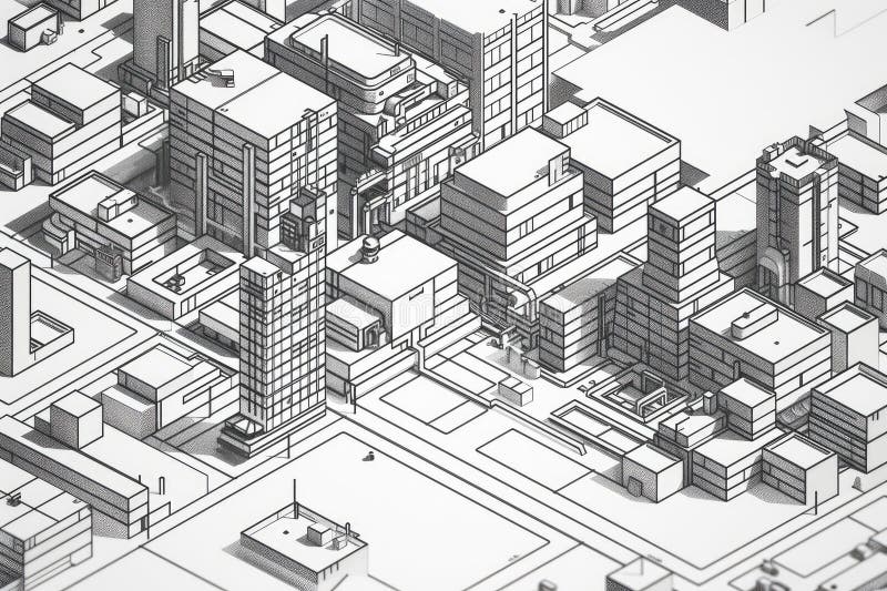 Isometric City Built Entirely with Black Lines, Highlighting Structure ...