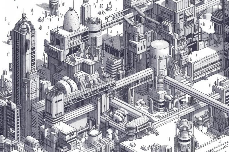 Isometric City Built Entirely with Black Lines, Highlighting Structure ...