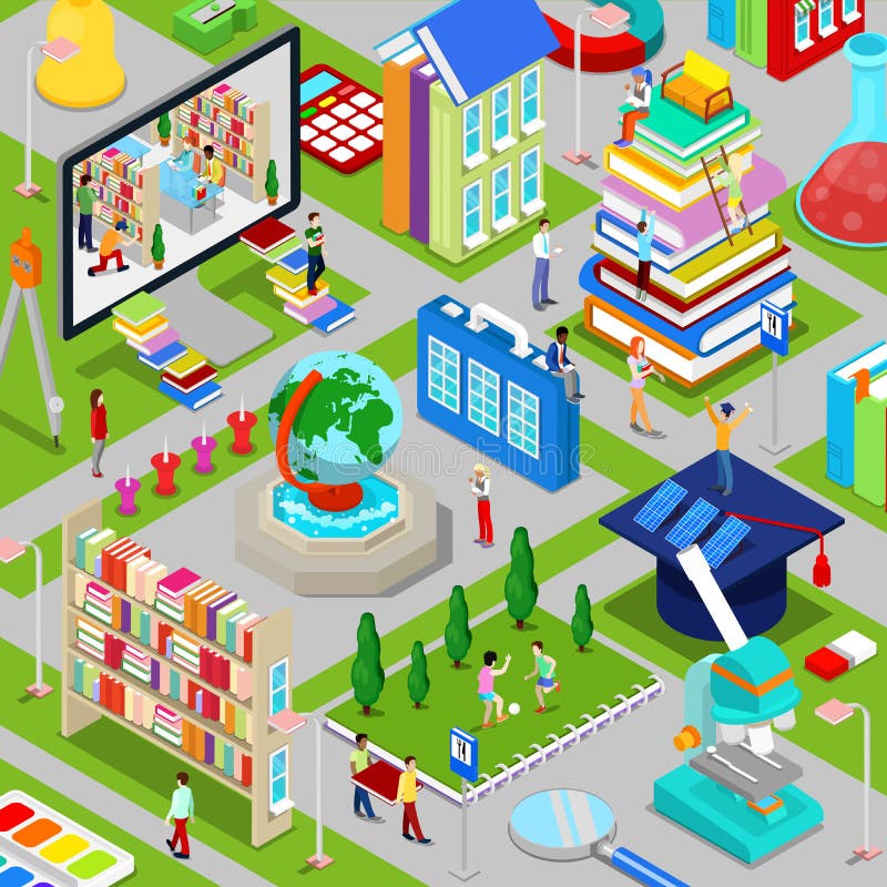 Isometric City of Education with Books Architecture and People Stock ...