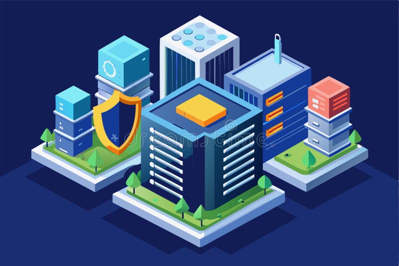 Isometric City Illustration with Secure Server Buildings, One Protected ...