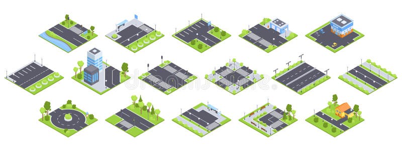 Isometric City Map Elements. Buildings, Asphalt Roads, Crossroads with ... Isometric City Map Elements. Buildings, Asphalt Roads, Crossroads with ...