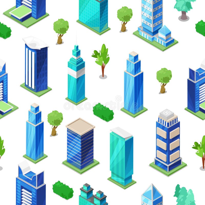 Isometric City Modern Seamless Pattern with City Buildings and Trees ...