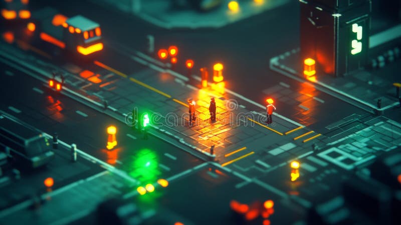 Isometric City Night Scene with Glowing Lights Stock Illustration ...
