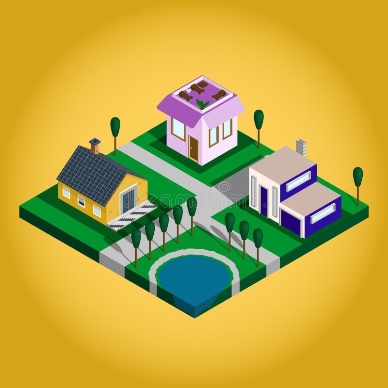 Isometric City with Small Private Houses, Park with a Lake Stock Vector ...