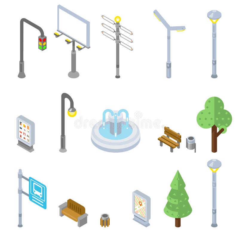 Isometric City Street Icons. Vector 3d Urban Objects Stock Vector ...