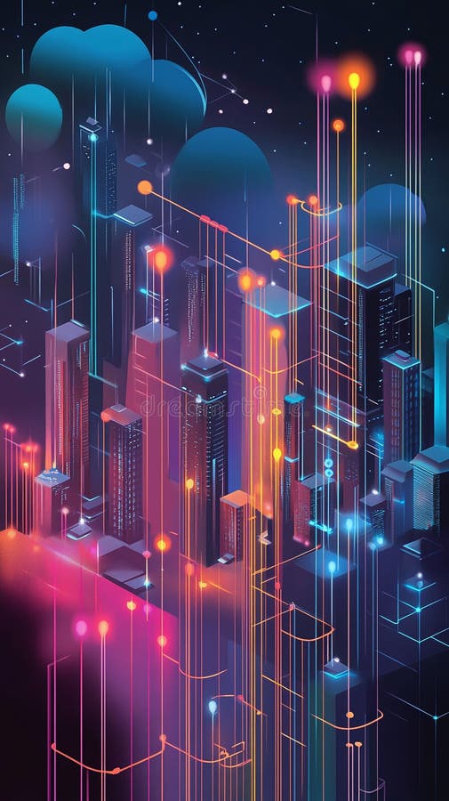 Isometric City View with a Network of Colorful Transmission Lines and ...